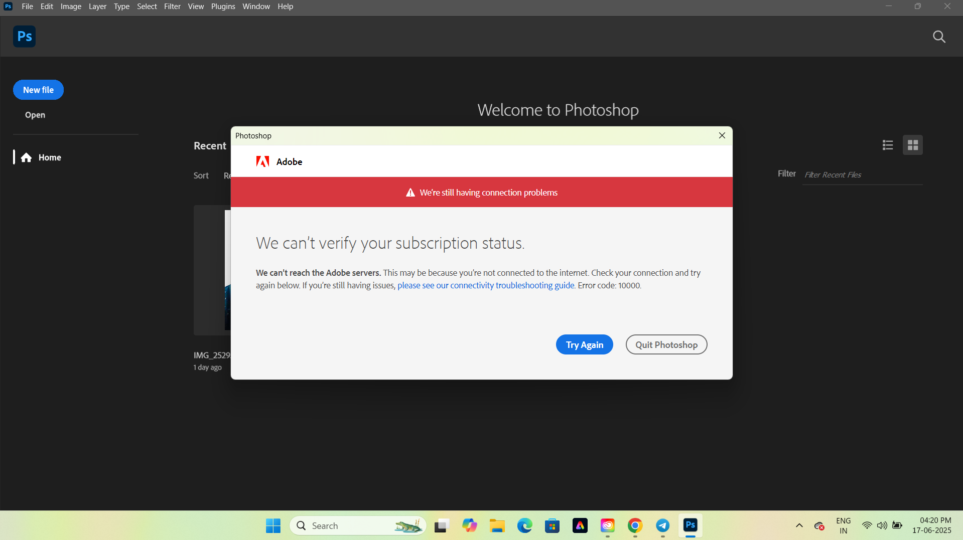We can't verify your subscription status error is ... - Adobe Product ...
