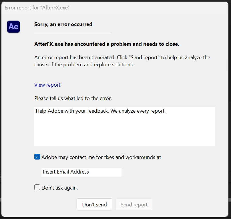 AfterFX.exe has encountered a problem. Moving proj... - Adobe Community - 13260473
