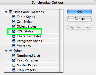 Solved: Synchronize TOC Styles: book with chapters each wi... - Adobe ...