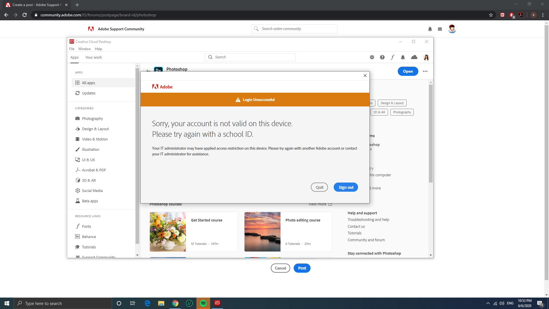 Error : Sorry, your account is not valid on this d... - Adobe Product ...