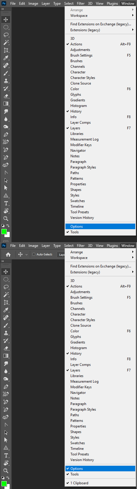 Where's my top of screen options bar? - Adobe Product Community - 12019067
