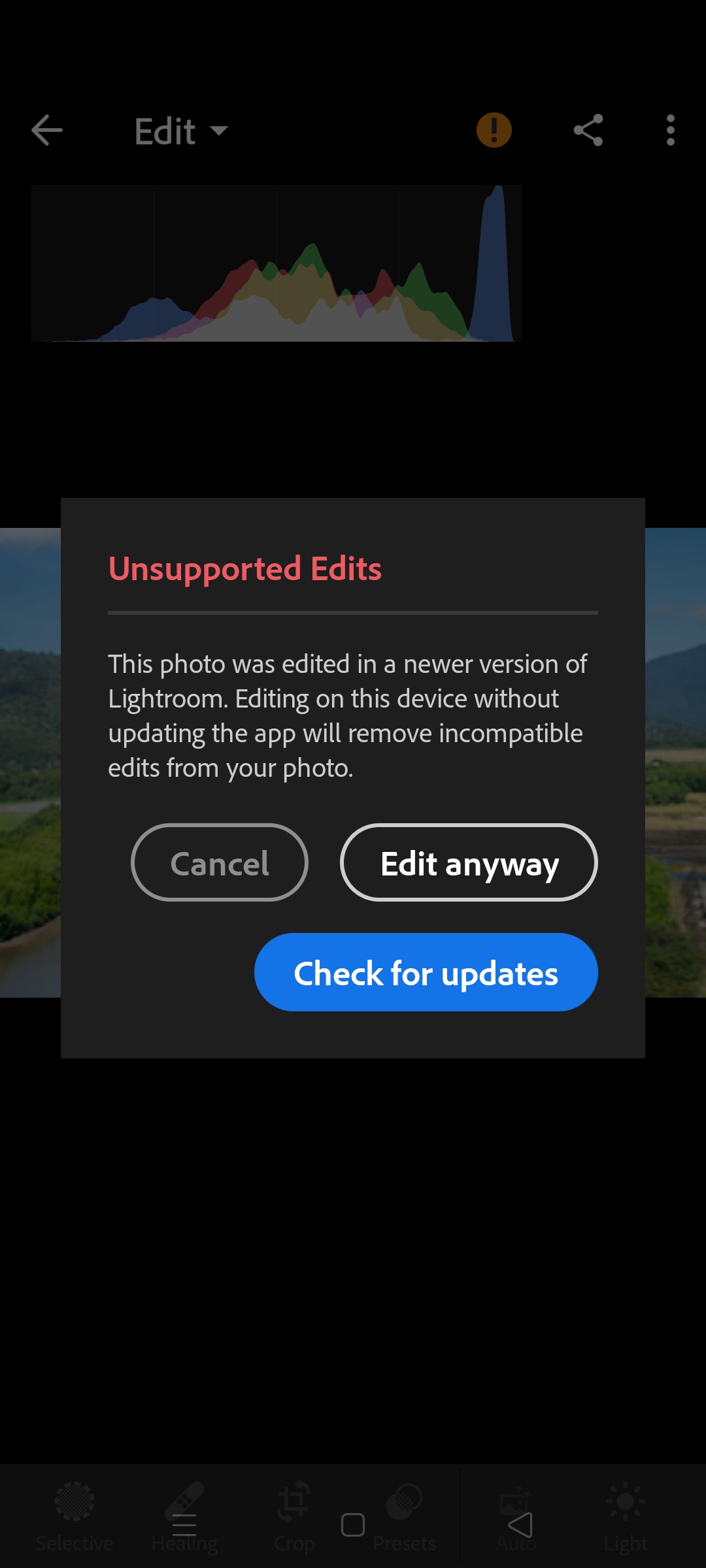 Unsupported Edits message on Mobile - Adobe Community - 12220410