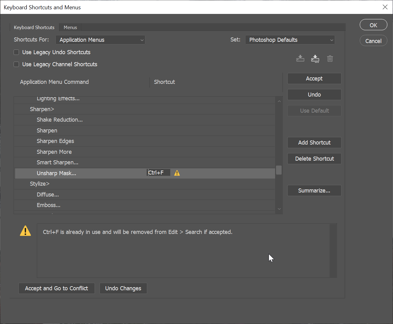 Keyboard shortcut for un-sharp mask. - Adobe Community - 12367891