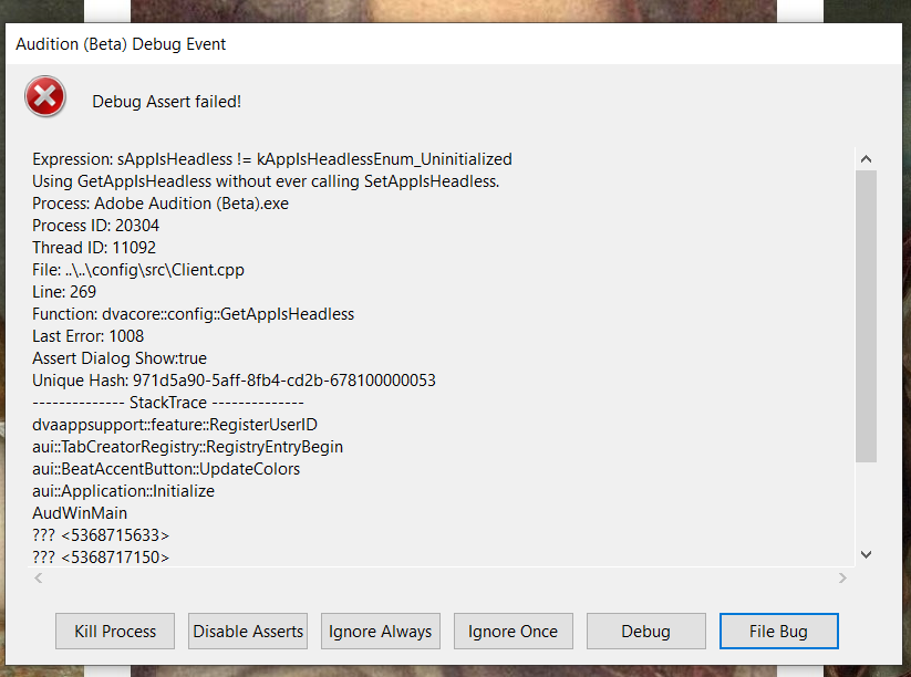 "Audition (Beta) Debug Event" - Adobe Support Community - 12550209