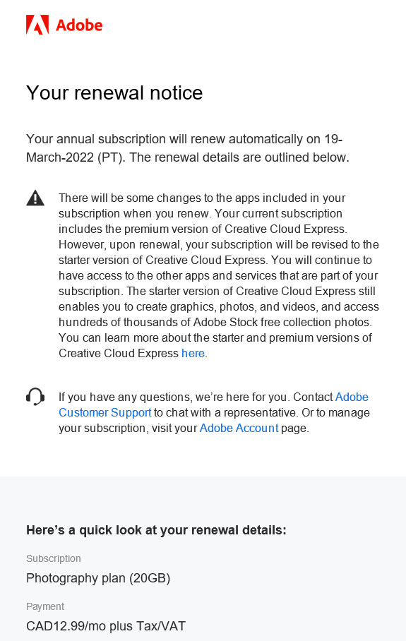 Solved: My Adobe Photography Plan (20GB) will automaticall... - Adobe Product Community - 12763394