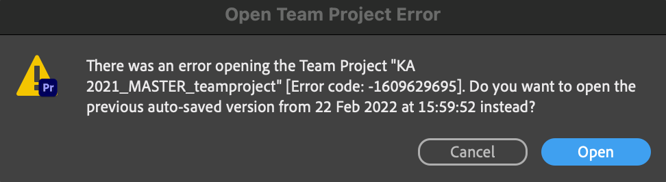 Solved: Team Project Error Code 1609629695 - Adobe Product Community - 12769368