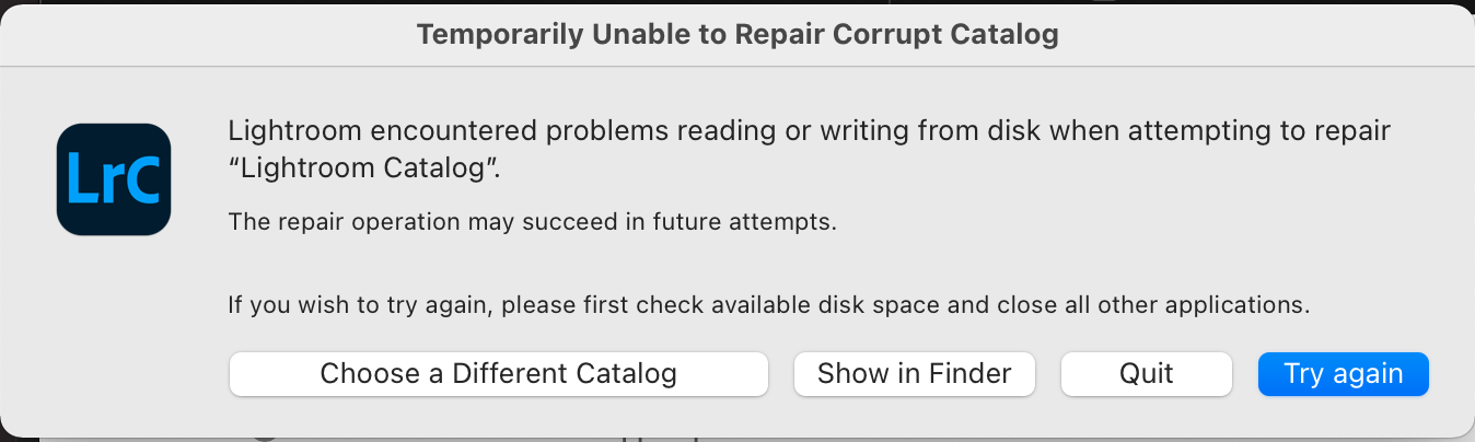 Temporarily Unable to Repair Corrupt Catalog? - Adobe Community - 12795480