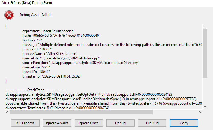 Can't start Ae Beta: Debug Event - Adobe Community - 12930914