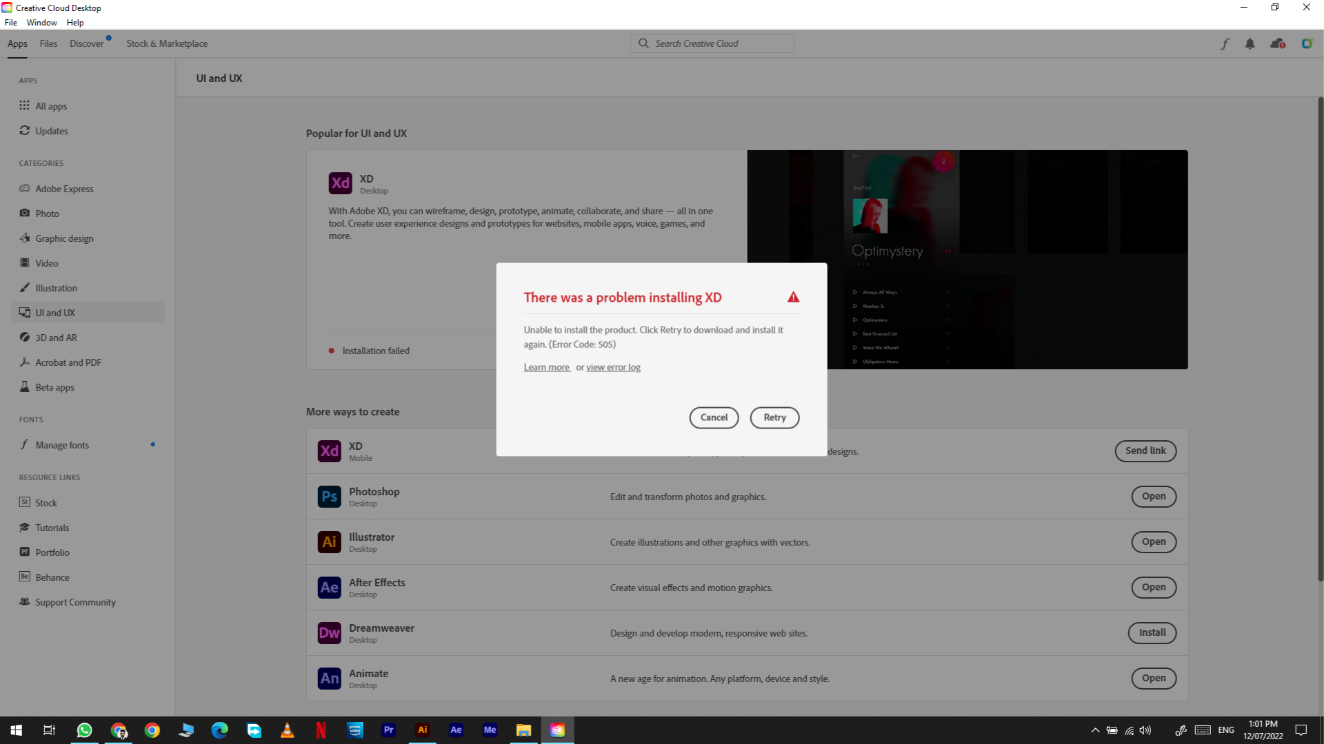 Unable to install Adobe XD from creative cloud. Er... - Adobe Product Community - 13063902
