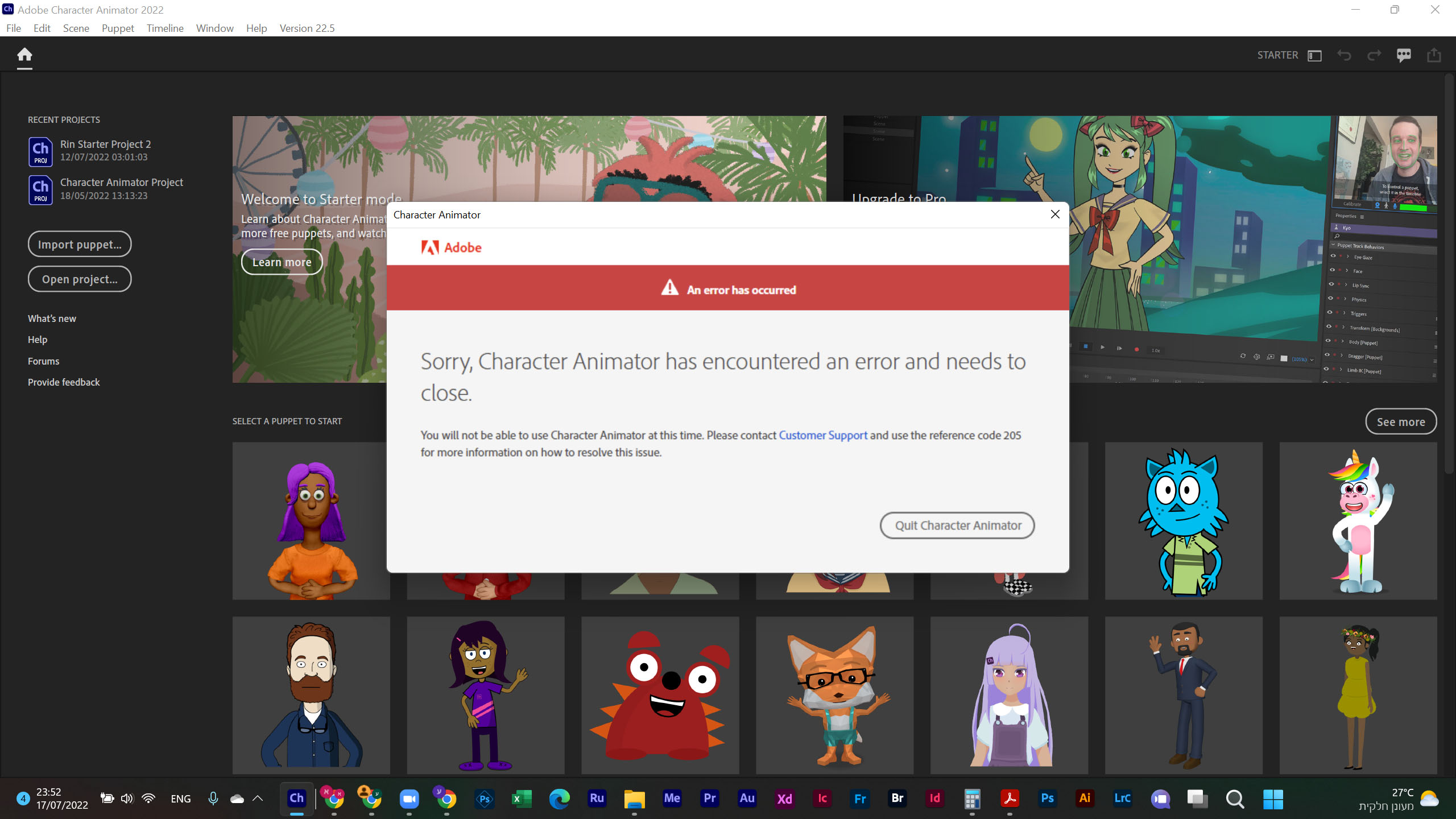 Solved: I keep getting error code 205 when launching Chara... - Adobe ...