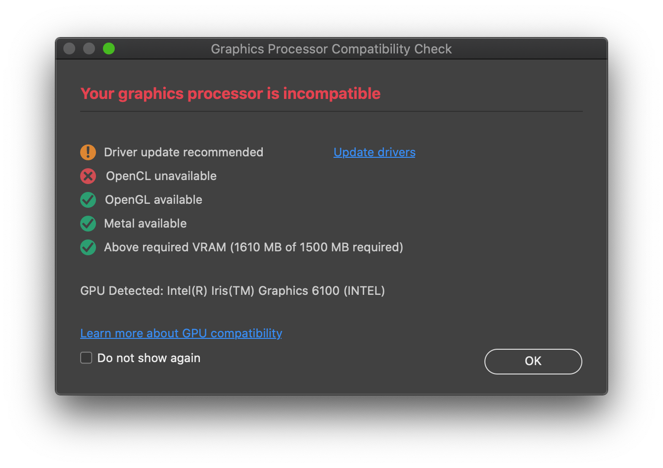 'Your graphics processor is incompatible'; OpenCL ... - Adobe Product ...