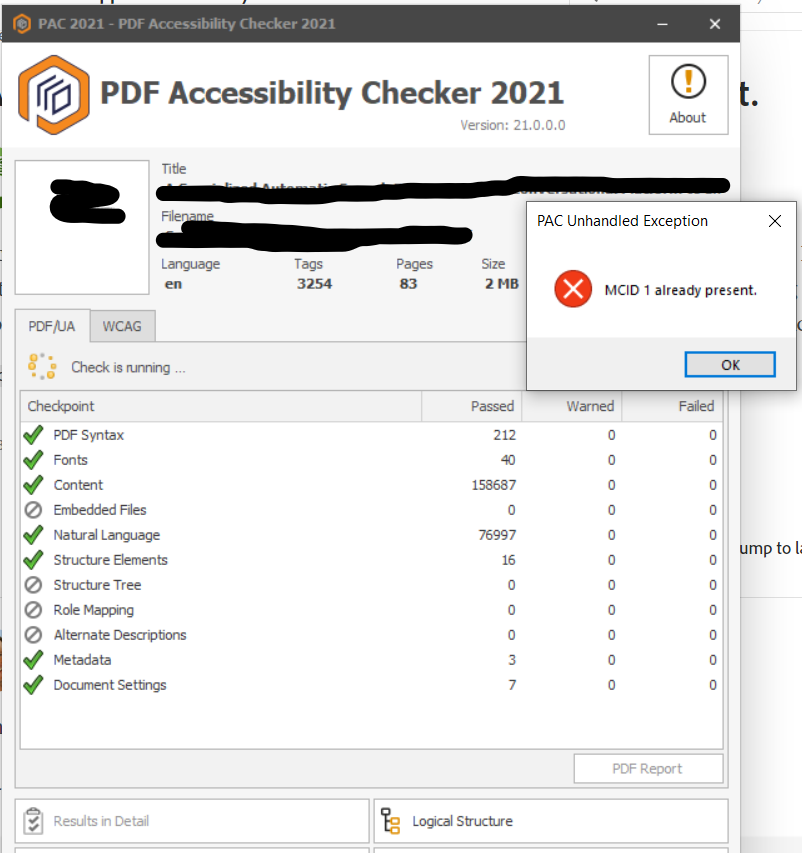 PAC unhandled exception: MCID 1 already present. - Adobe Product Community - 13192144
