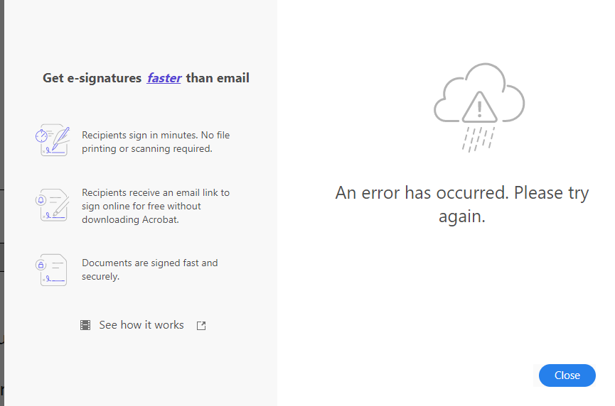 Getting error when using e-sign function - Adobe Community - 13225949