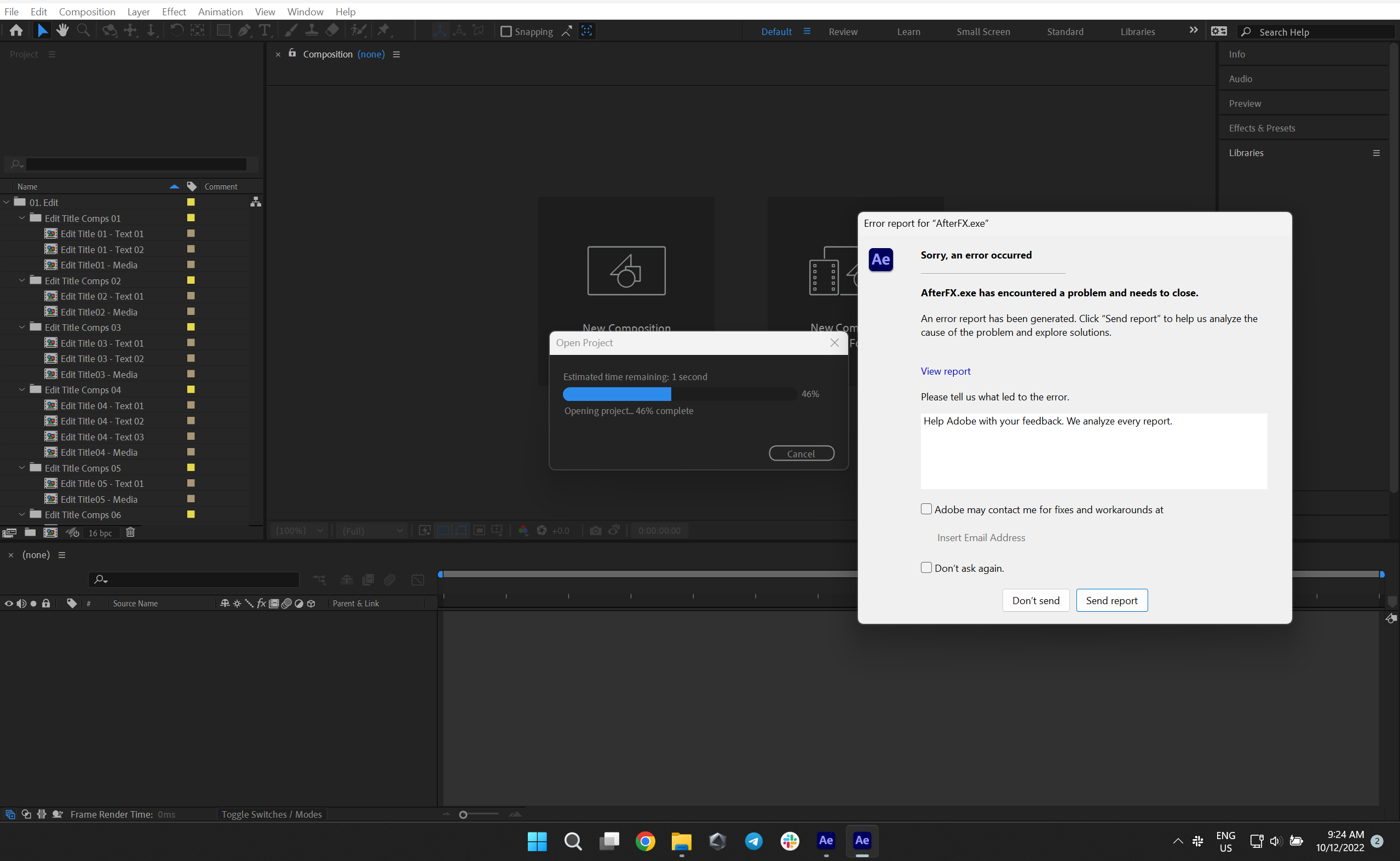 AfterFX.exe has encountered a problem. Moving proj... - Adobe Community - 13260473