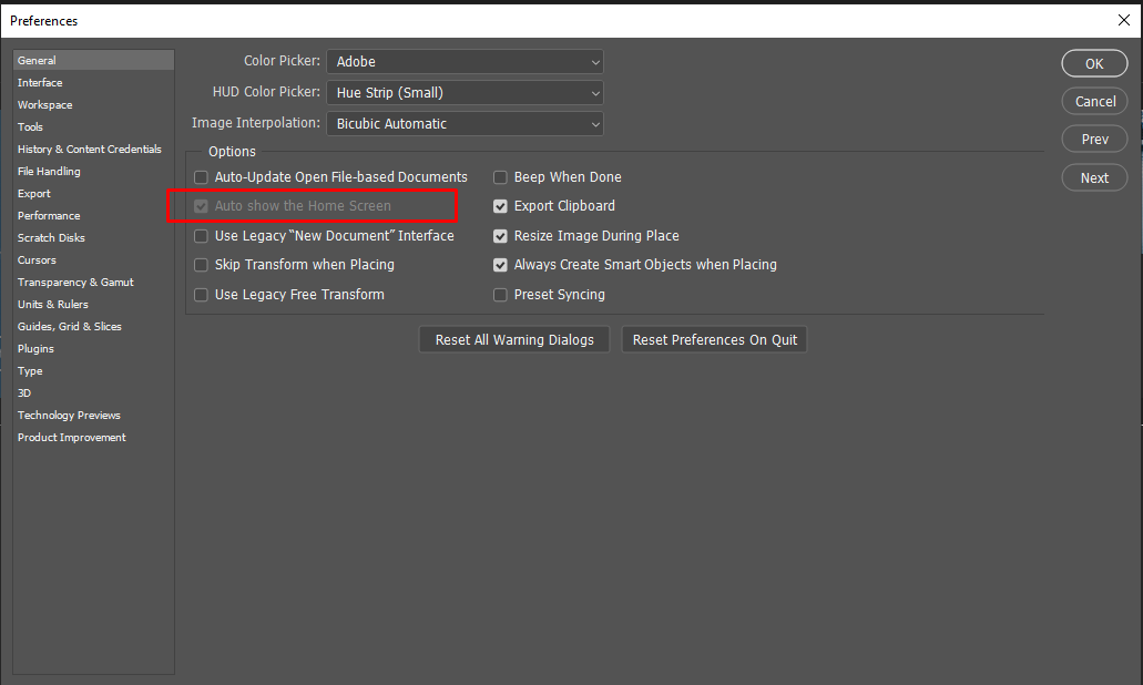 Can't select Auto show the Home Screen - Adobe Community - 13263463