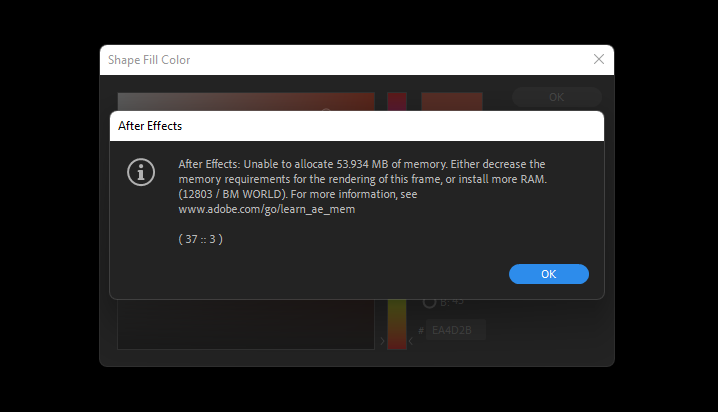 Unable to allocate 53.934 MB of memory - Adobe Community - 13318066