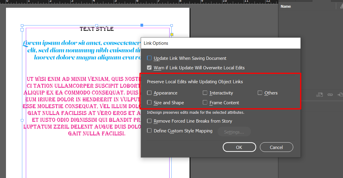 "Preserve local edits" greyed out in linked text o... - Adobe Product ...