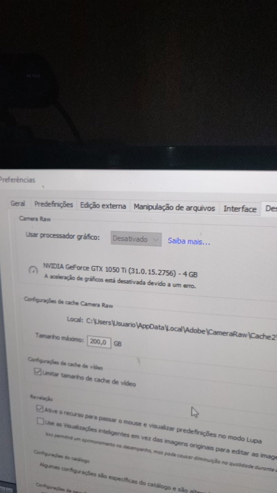 Lr desativando placa gráfica e travando - Adobe Community - 13432544