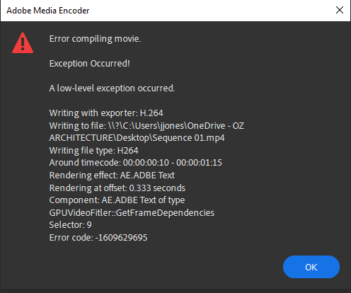 Render and Playback issues - Error Code -160962969... - Adobe Product Community - 13437325
