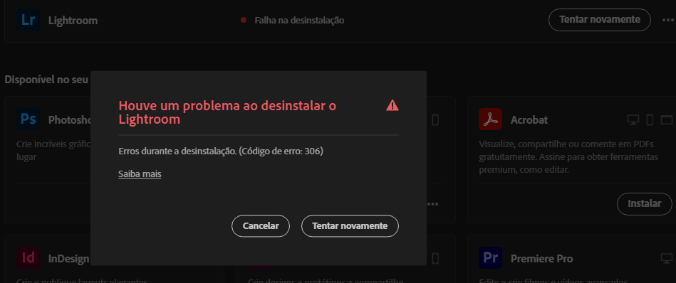 Solved: Código de erro 306 - Adobe Community - 13673380