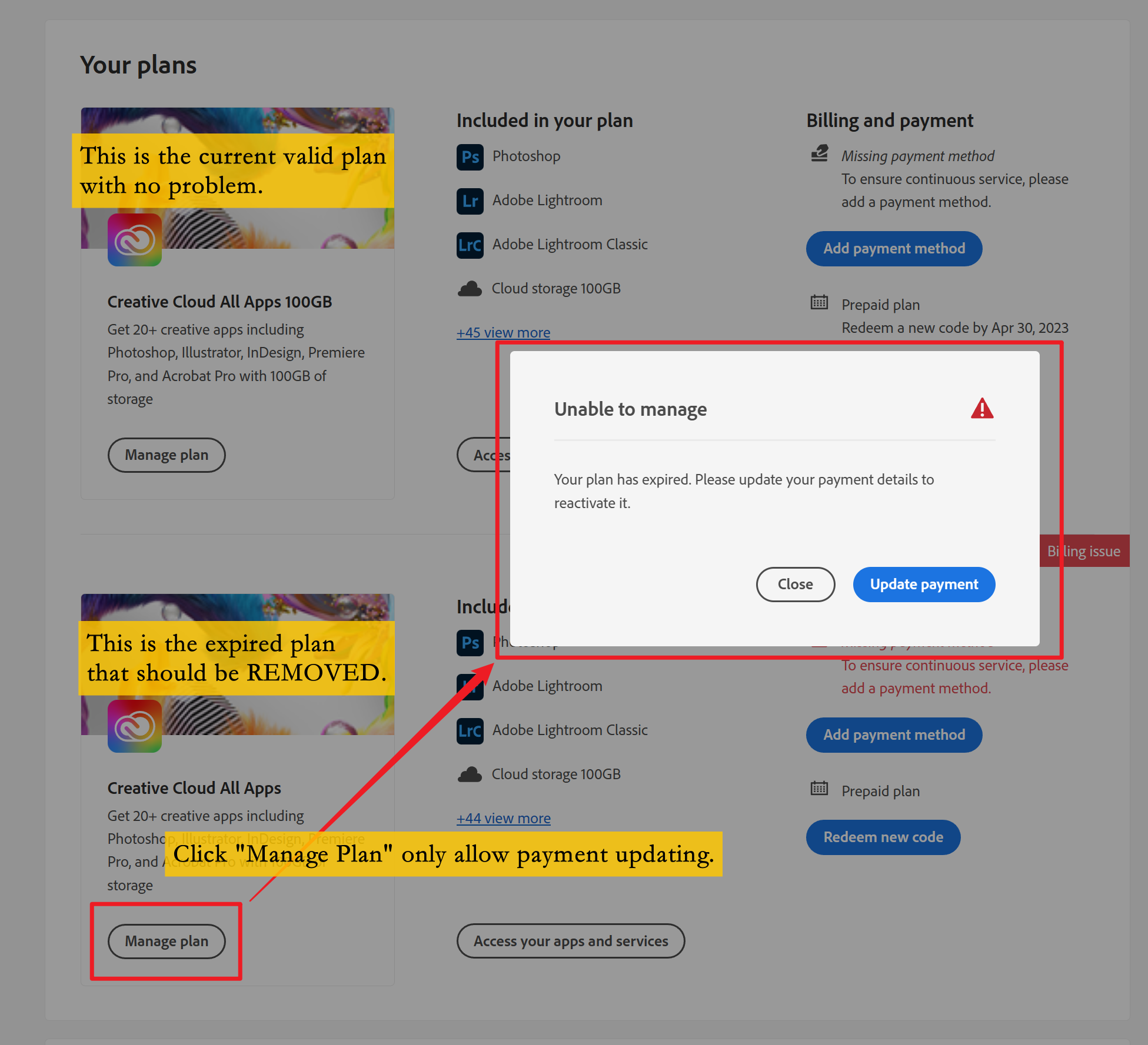 Solved: Expired redundant plan cannot be removed - Adobe Product ...
