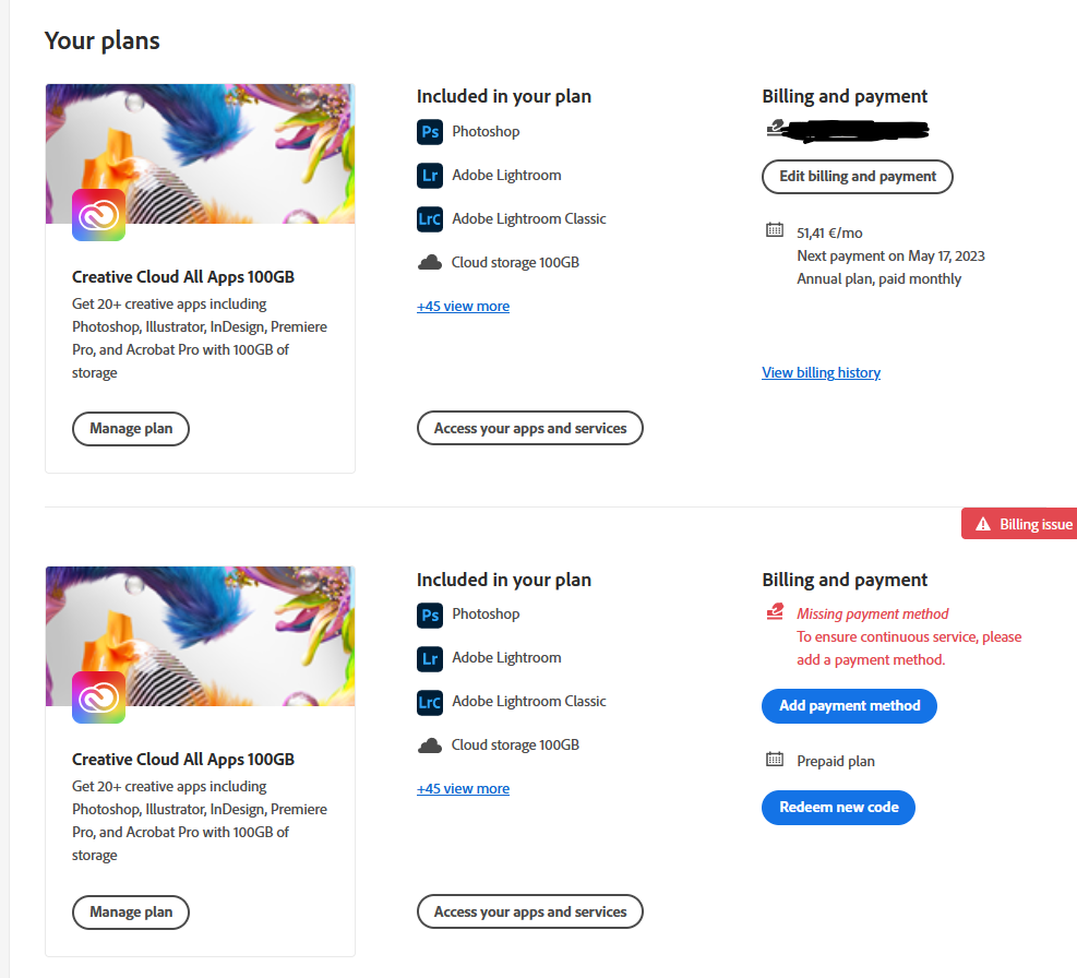 Solved: Two Creative Cloud plans, can't cancel one of them... - Adobe Product Community - 13733435