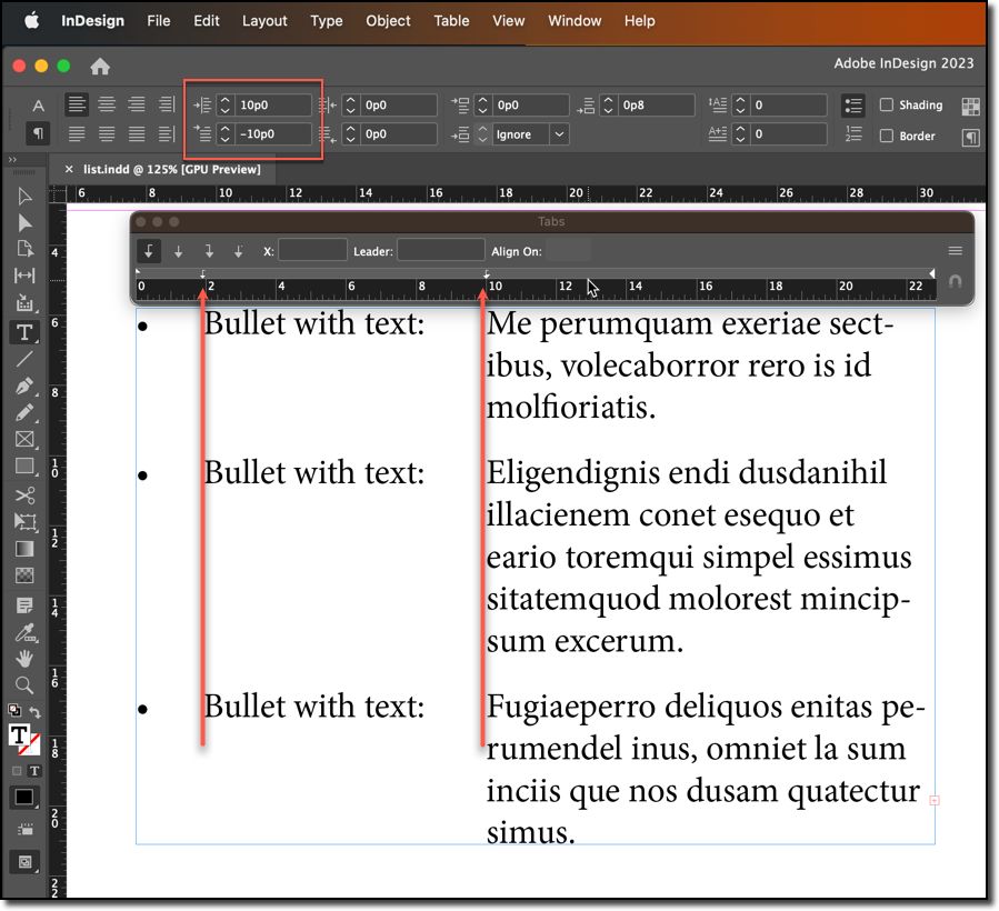 Indented bullet list AND aligned tab spacing - Adobe Product Community ...