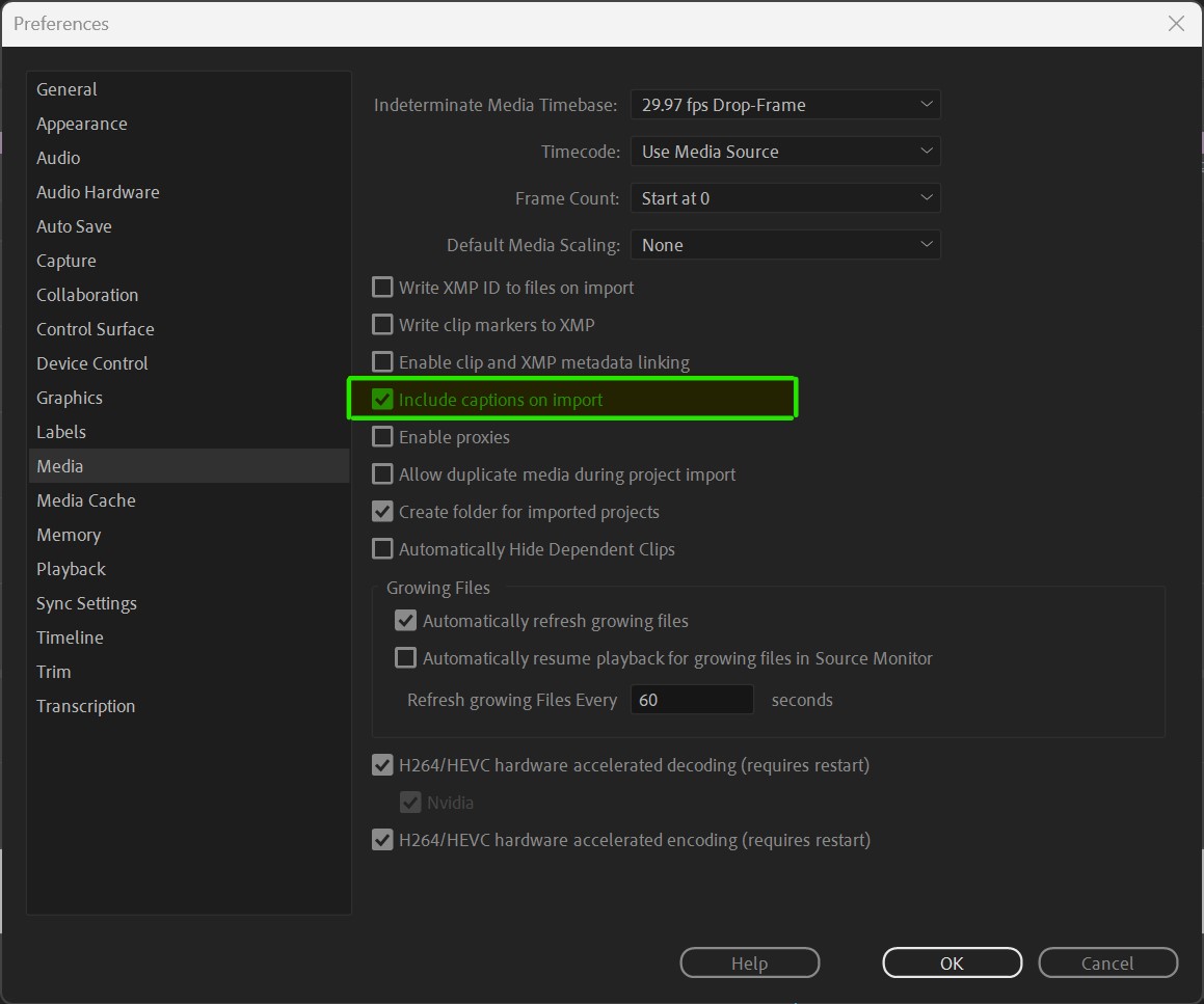 Import a clip or video with embedded closed captio... - Adobe Product ...