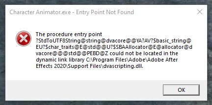 Character Animator.exe - Entry Point Not Found - Adobe Community - 10895332