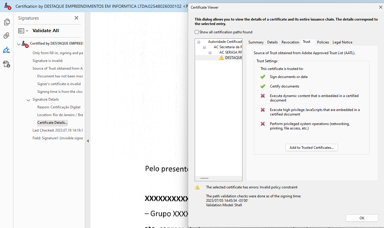 Signature is invalid - Invalid Policy Constraint - Adobe Product ...