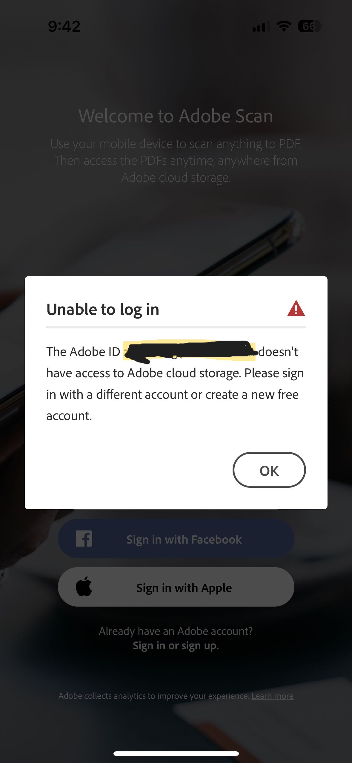 Unable to log in Adobe Scan - Adobe Product Community - 14050767