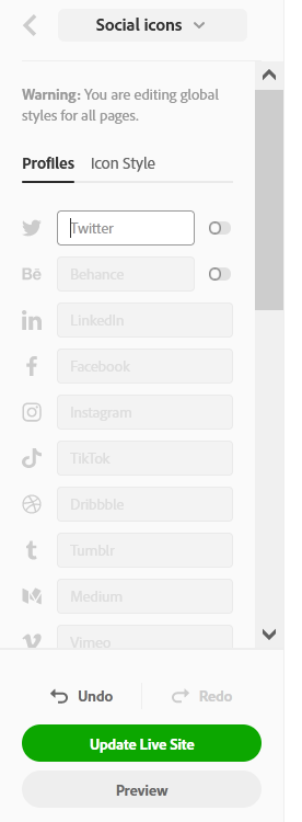 Social icons not showing on Adobe Portfolio - Adobe Product Community - 14069060