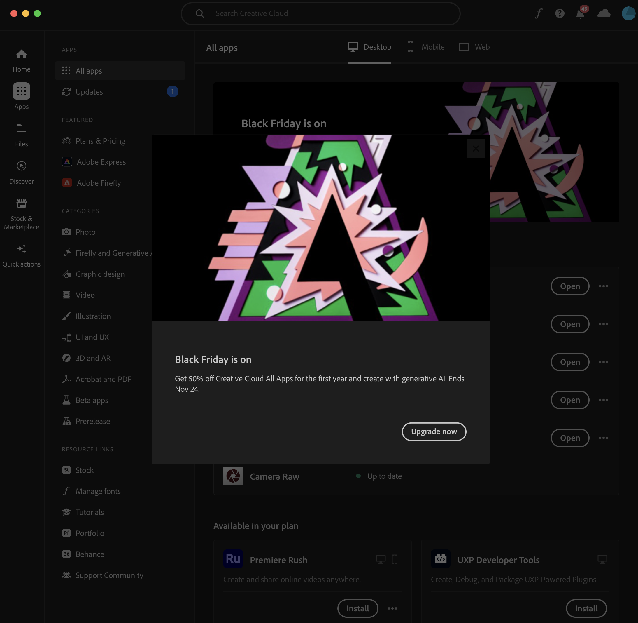 Creative Cloud App shows an "Upgrade Now" button a... - Adobe Product ...