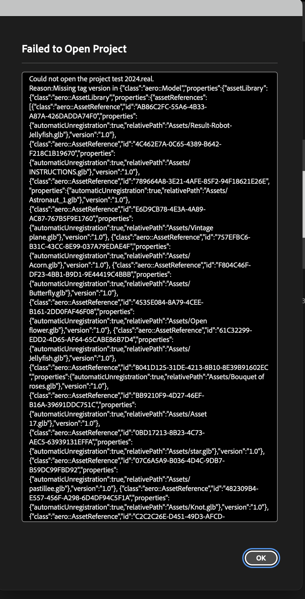 Aero project suddenly fails to open - Adobe Product Community - 14327478