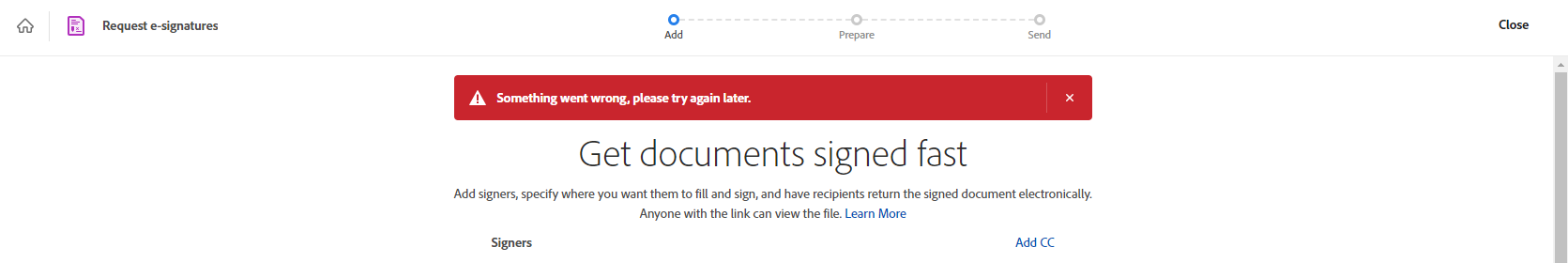 Requesting e-signatures failing - Adobe Product Community - 14364196