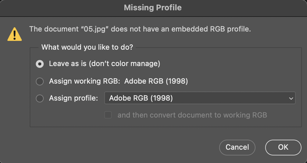 Solved: "Assign working rgb" as default choice when missin... - Adobe ...