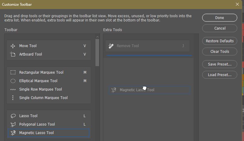 Solved: I want to remove Magnetic Lasso Tool from shortcut... - Adobe Product Community - 14469058