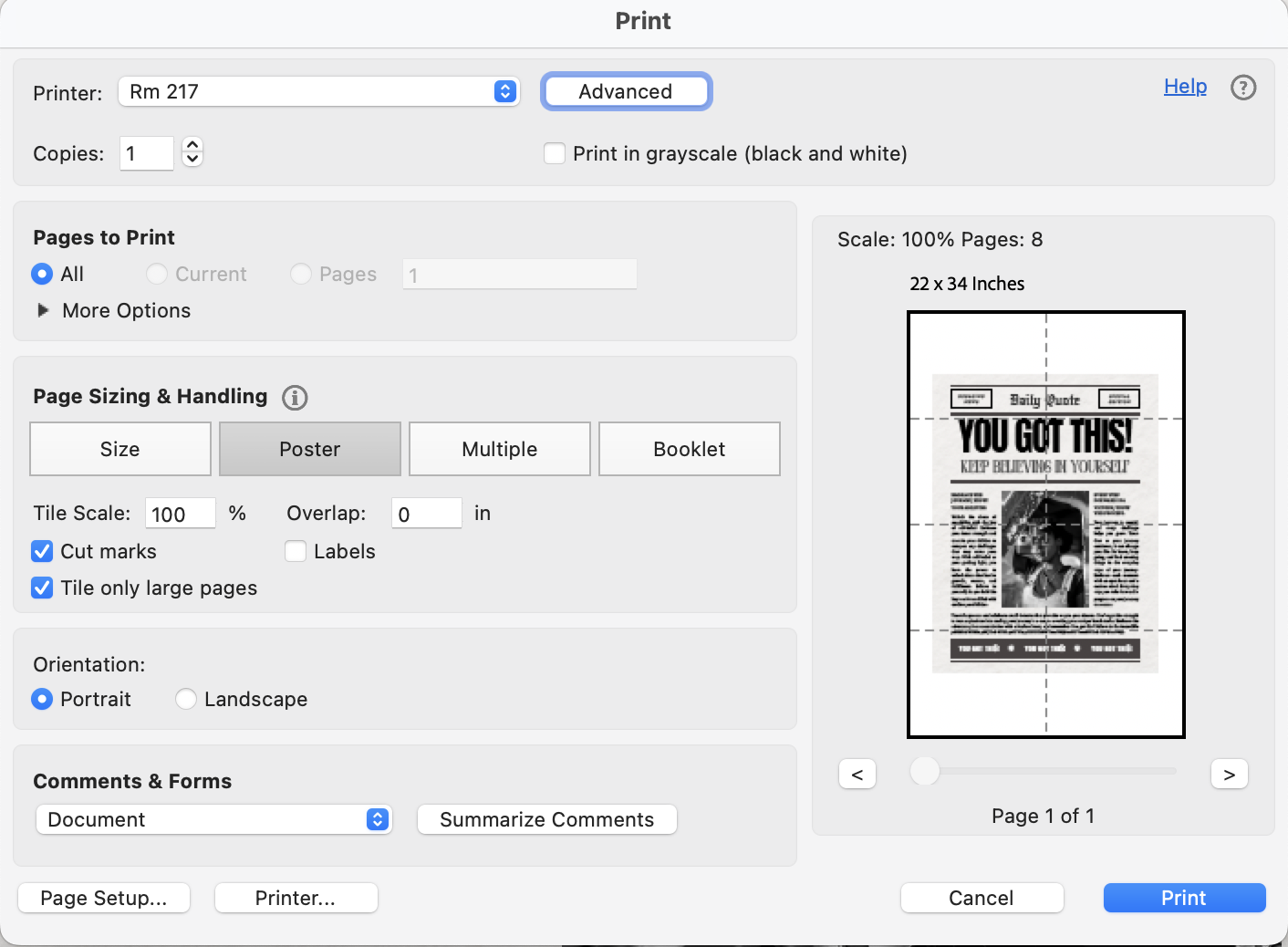 Poster Printing only prints to one page - Adobe Product Community ...