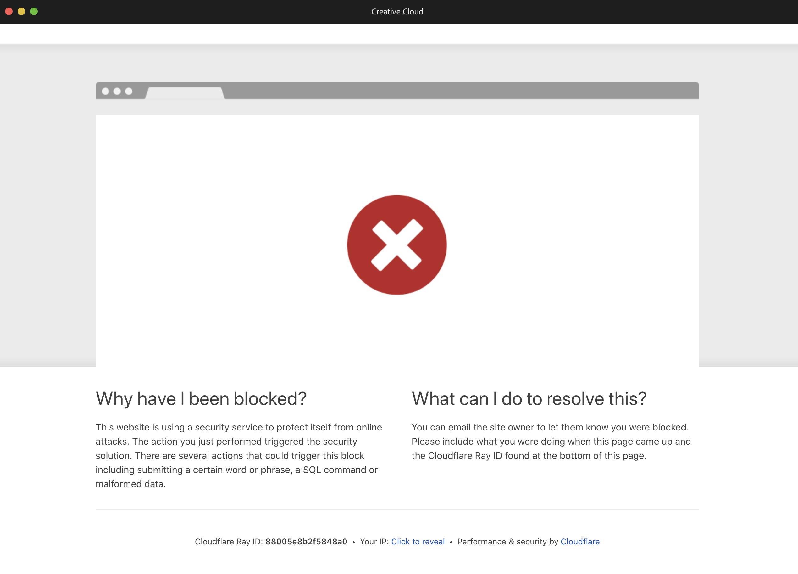 Solved: Creative Clould blocked by Cloudflare when trying ... - Adobe ...