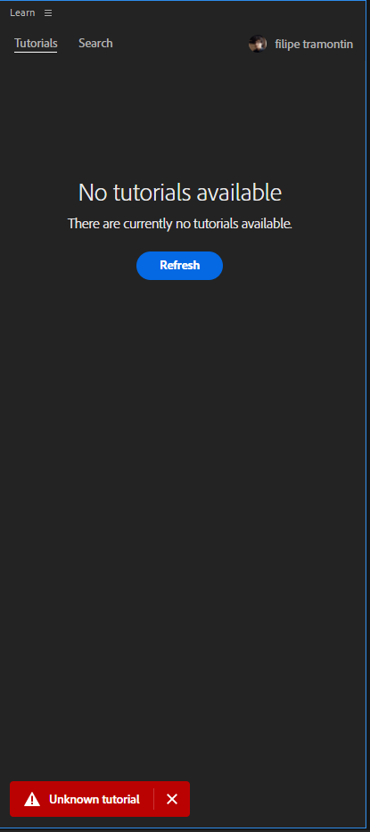 "No tutorials avaiable" and search tutorials bug - Adobe Community - 14903481