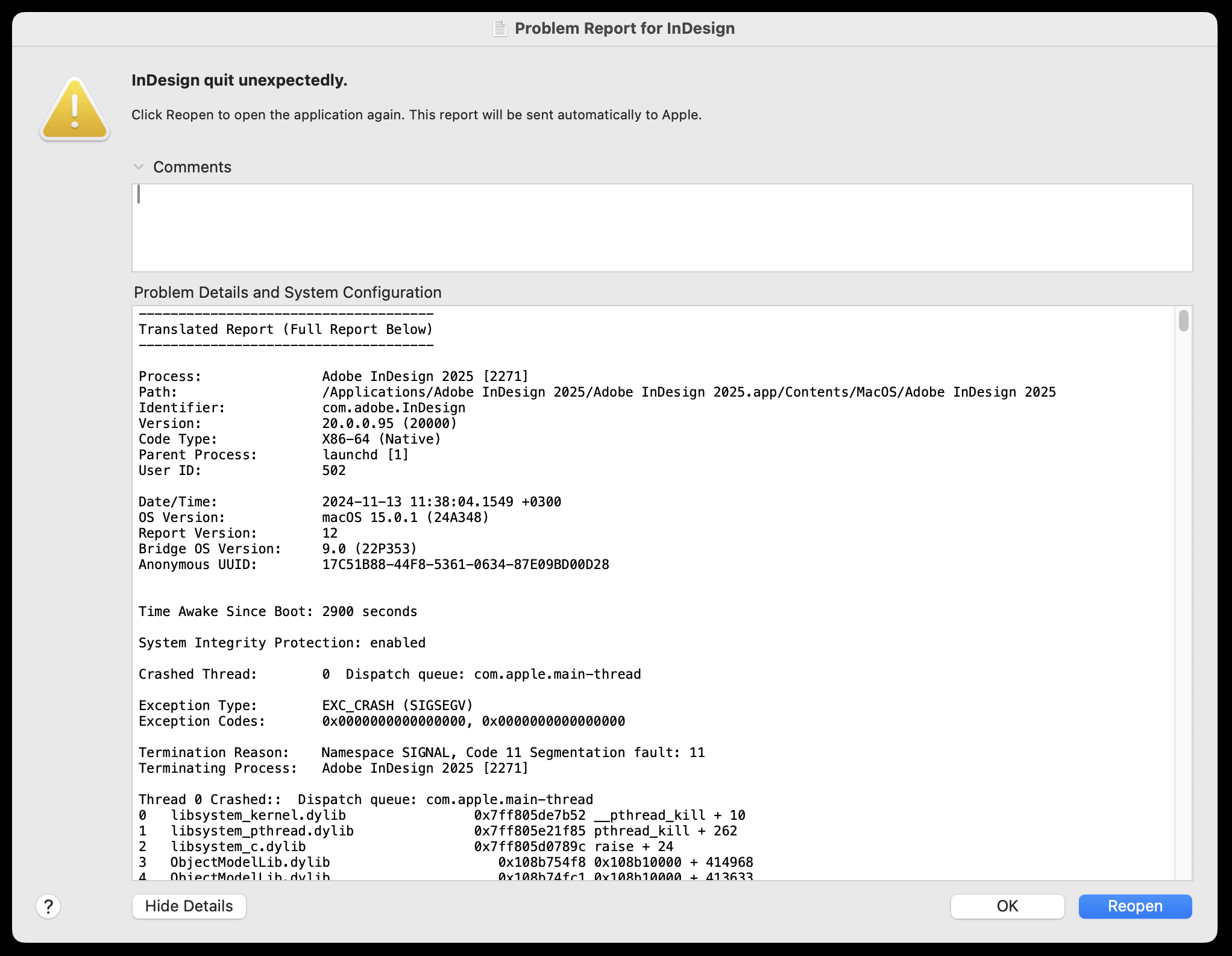 Indesign 2025 Crash Error - Adobe Community - 14978160