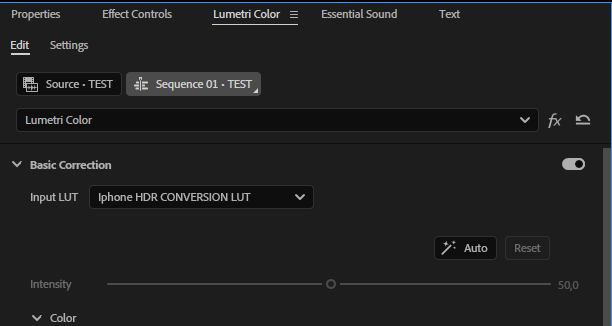 Input Lut in Source Clip, Edit and Settings of Lum... - Adobe Community - 14980485