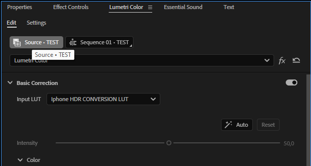 Input Lut in Source Clip, Edit and Settings of Lum... - Adobe Product ...