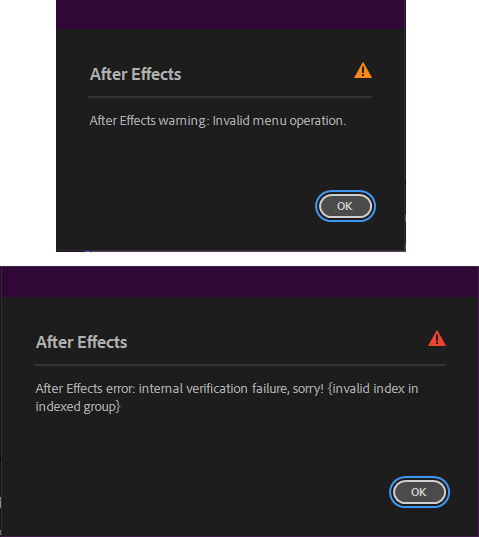 After Effects warning: Invalid menu operation. - Adobe Product Community - 14990281