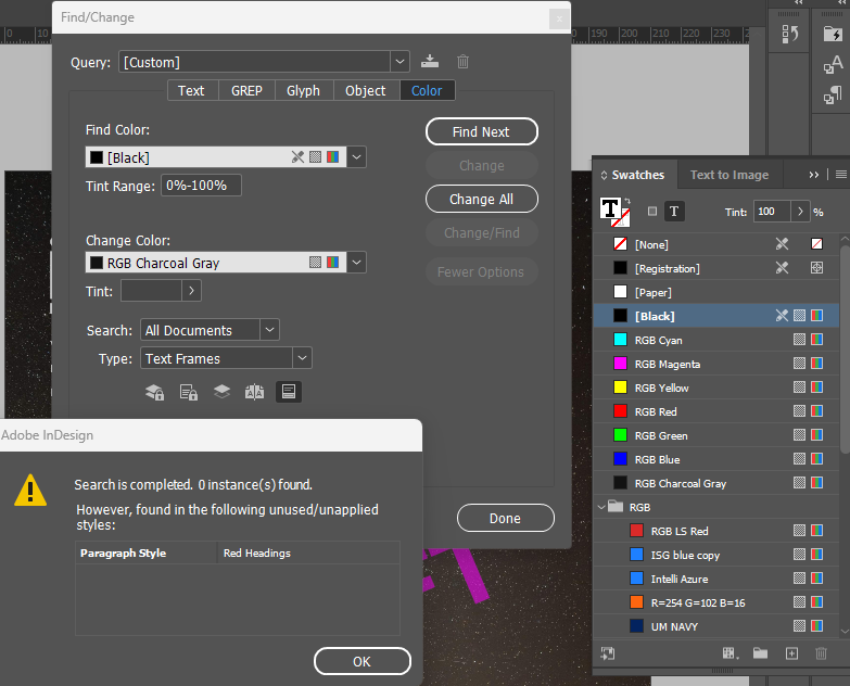 Solved: Find/Change Color doesn't find BLACK on text - Adobe Community - 15036740