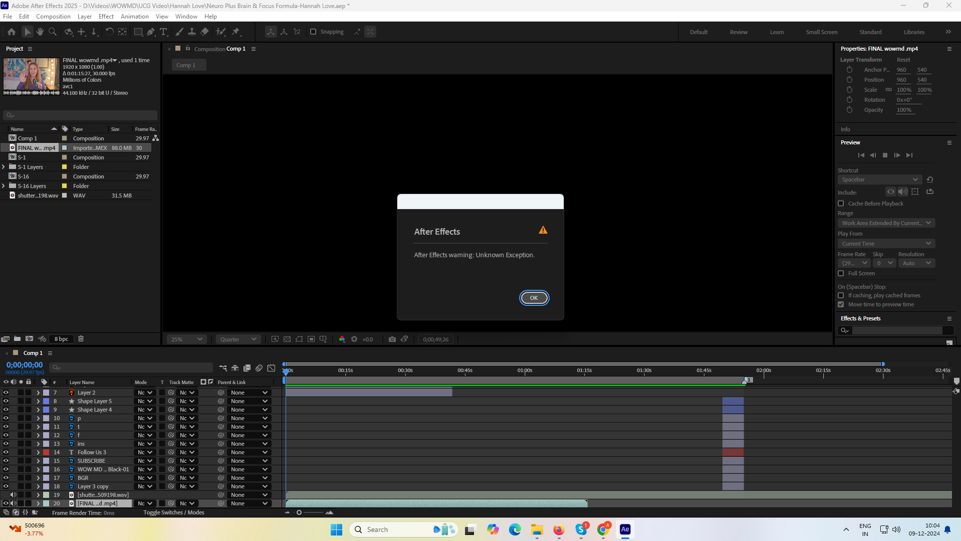 After Effects Freezes after some time with error: ... - Adobe Product ...