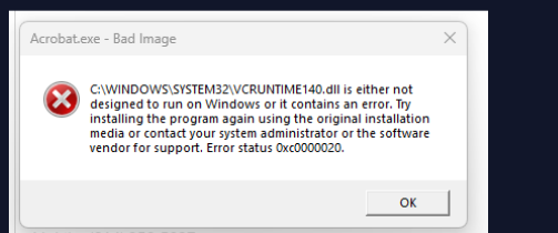Acrobat.exe Bad image error - Adobe Product Community - 15094678