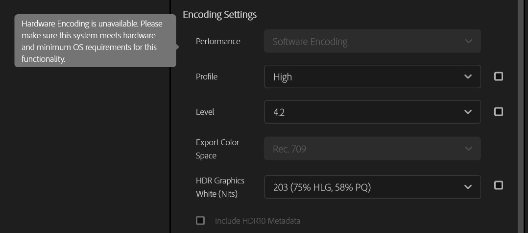 Solved: Premiere Pro 25.2: Hardware encoding greyed out / ... - Adobe Product Community - 15312485