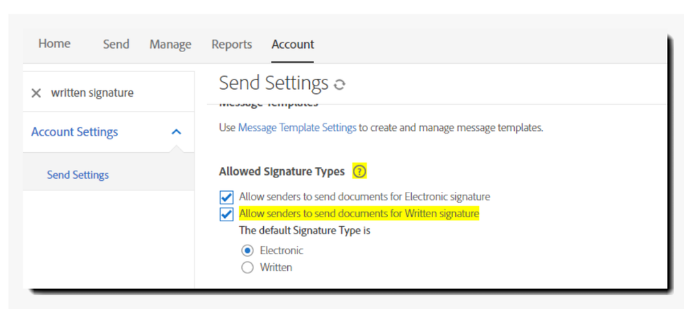 Unable to set up written signature "send settings"... - Adobe Product ...